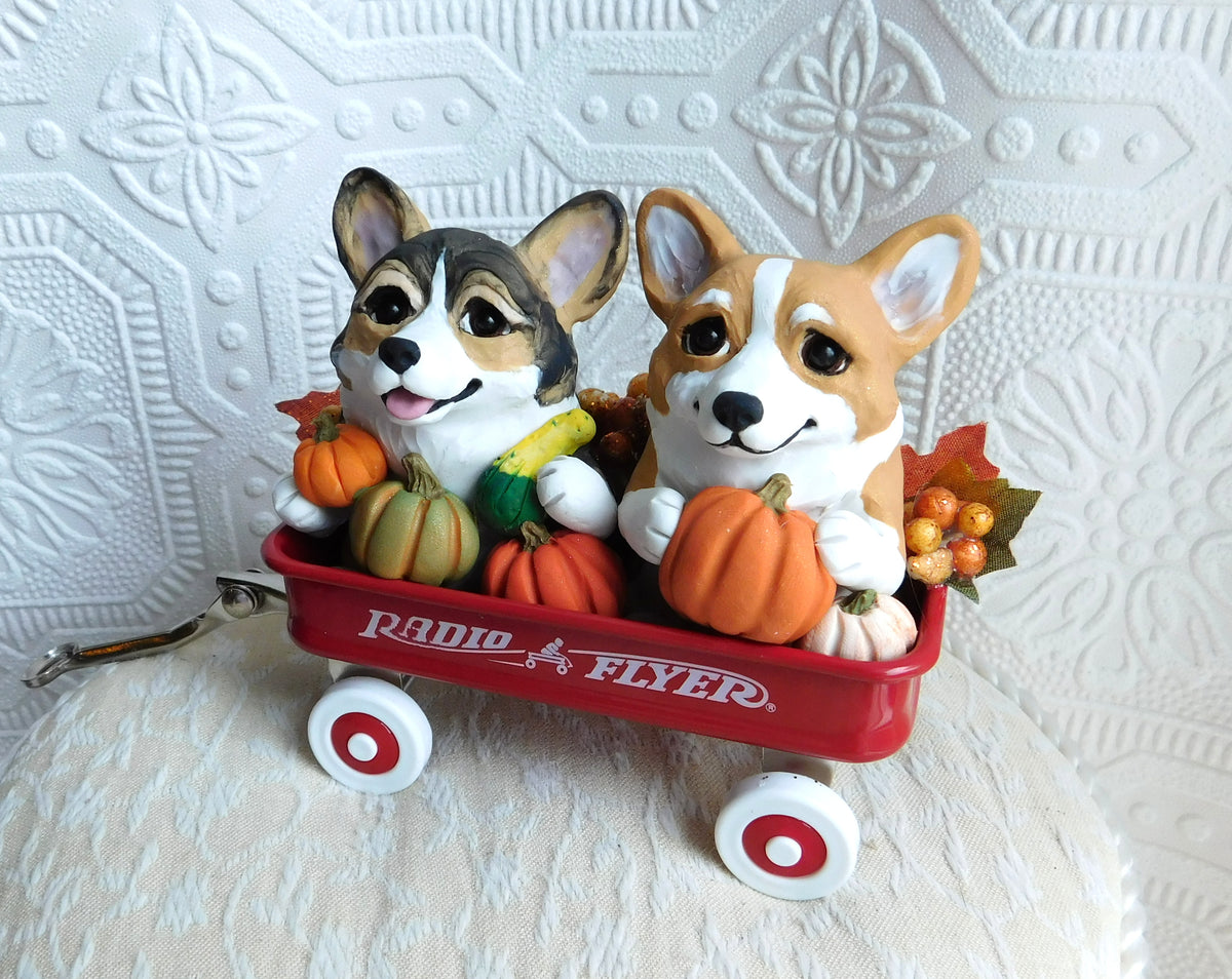 Corgis & Pumpkins Little Red Wagon Hand sculpted Clay Collectible ...