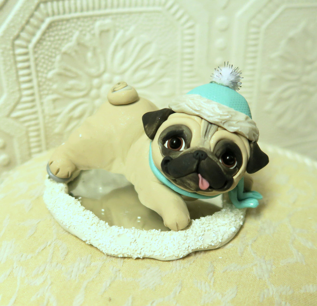 Ice Skating Winter Snow Pug Cutie Hand Sculpted Collectible – Furever Clay
