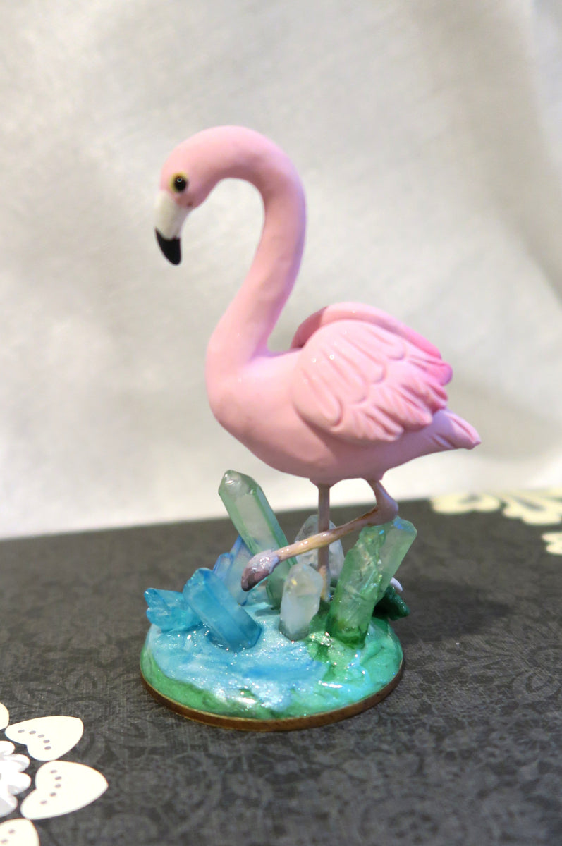 Flamingo with Aura Crystal points Hand Scuplted Clay Collectible ...